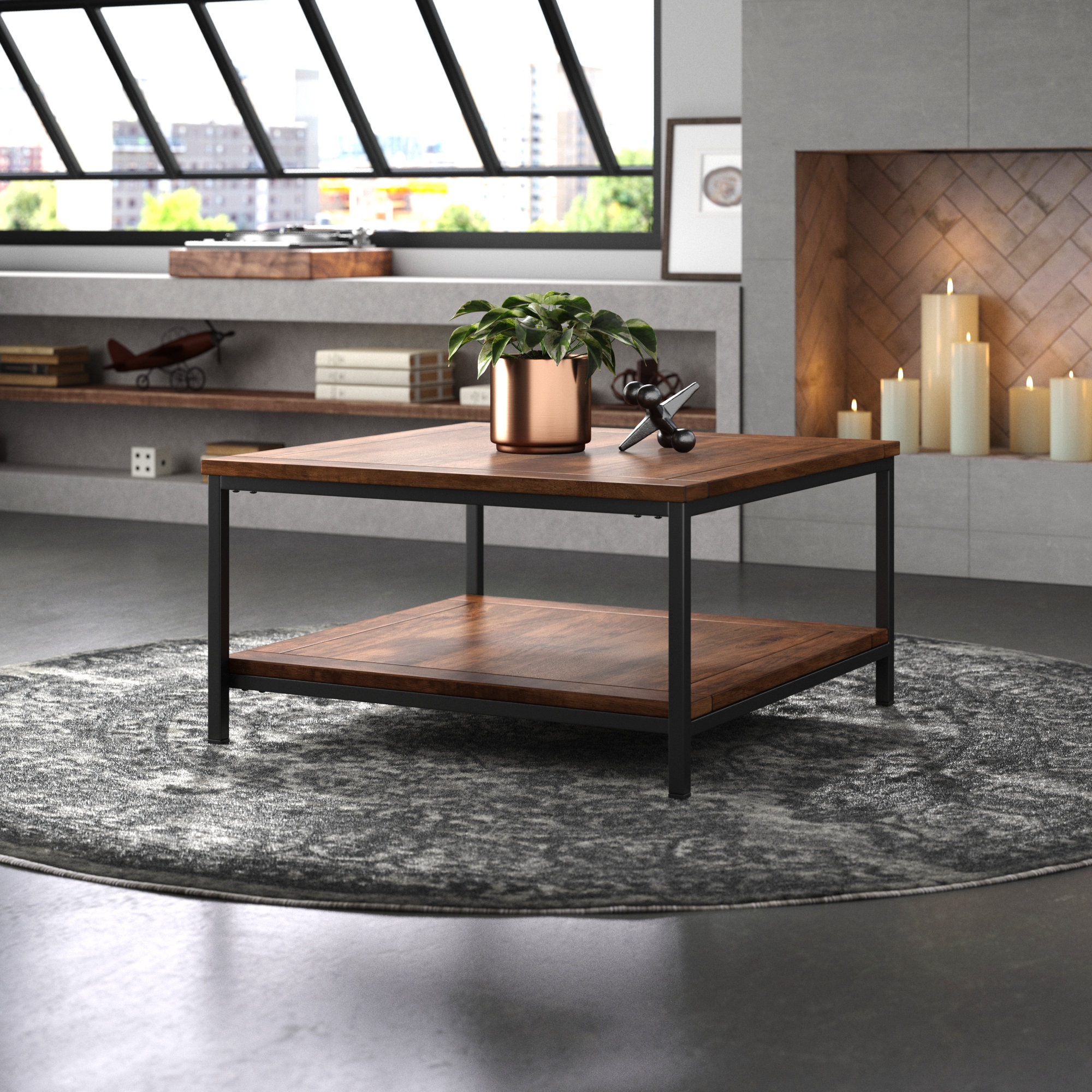 Simpli Home Skyler 34"W Solid Mango Wood Industrial Square Coffee Table with Open Shelf and ...